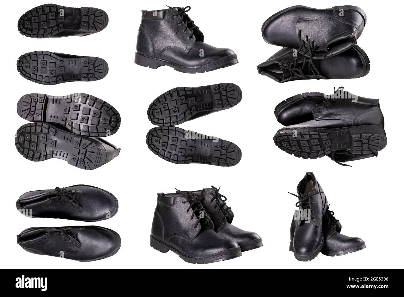 Black work boots for a production worker. Protective clothing used in ...