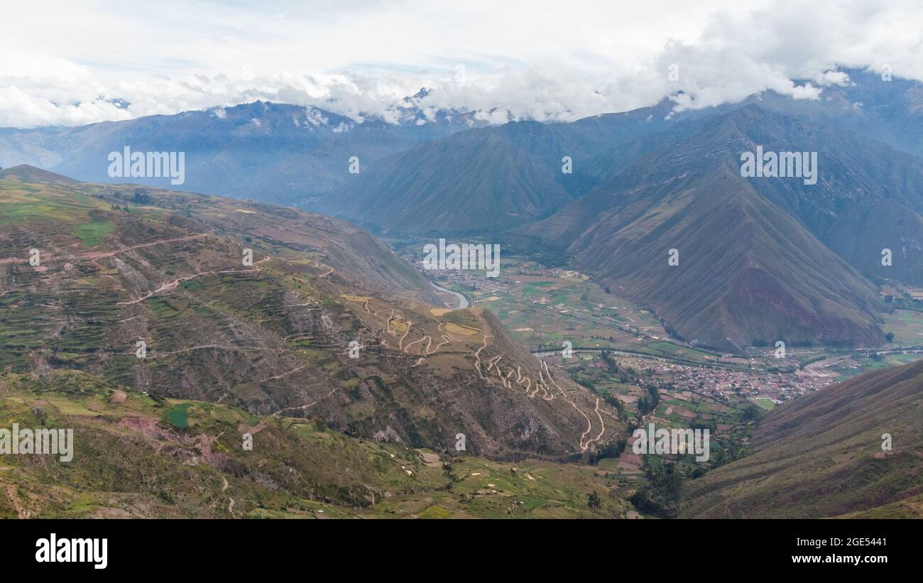 Aerial view of the town of Urubamba in the Sacred Valley of Cusco. Peru ...