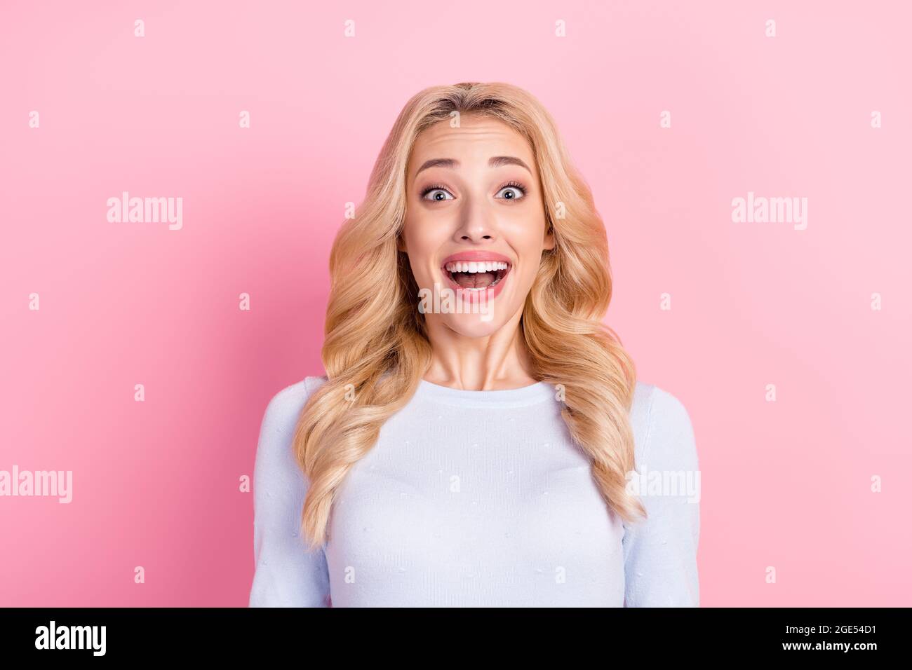 Photo of amazed cheerful young happy lady good mood reaction sale ...