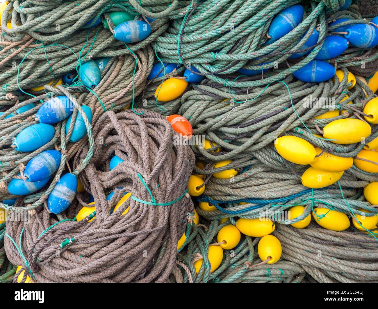 LUARCA, SPAIN - DECEMBER 4, 2016: Colorful fishing gear at the fish ...