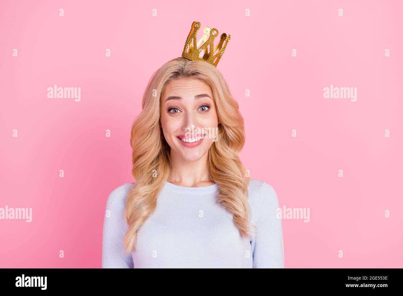 Photo of cheerful young excited woman wear crown queen smile isolated ...