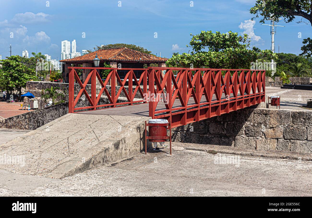 Pedestrian bridge on historic city walls, Cartagena de Indias, Colombia ...