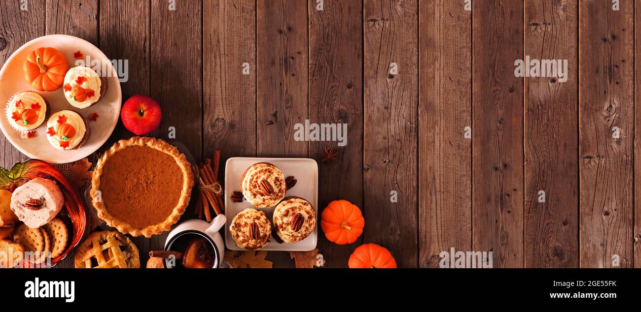 Autumn food corner border banner. Table scene with a selection of pies ...