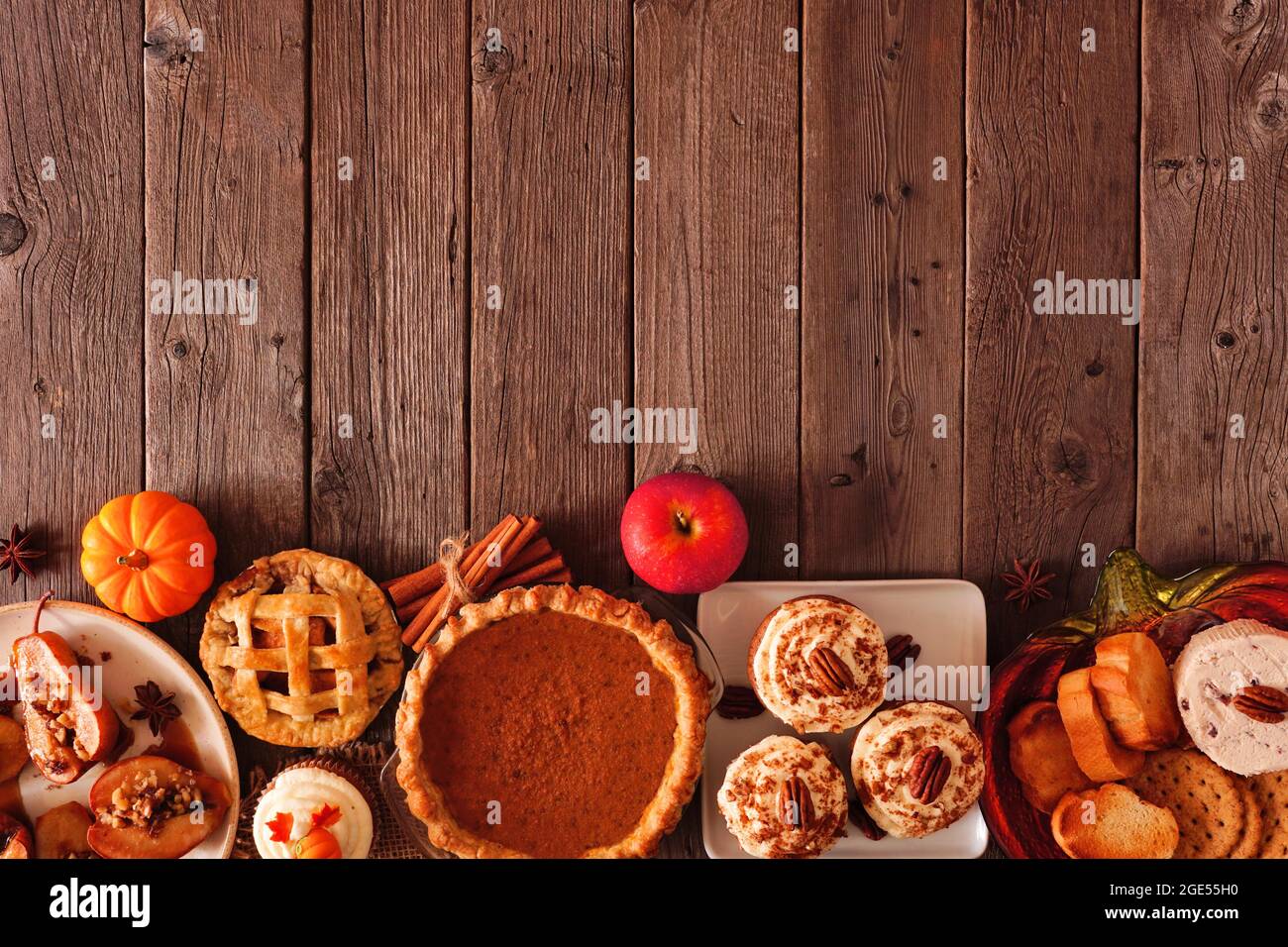 Autumn food bottom border. Table scene with a selection of pies ...