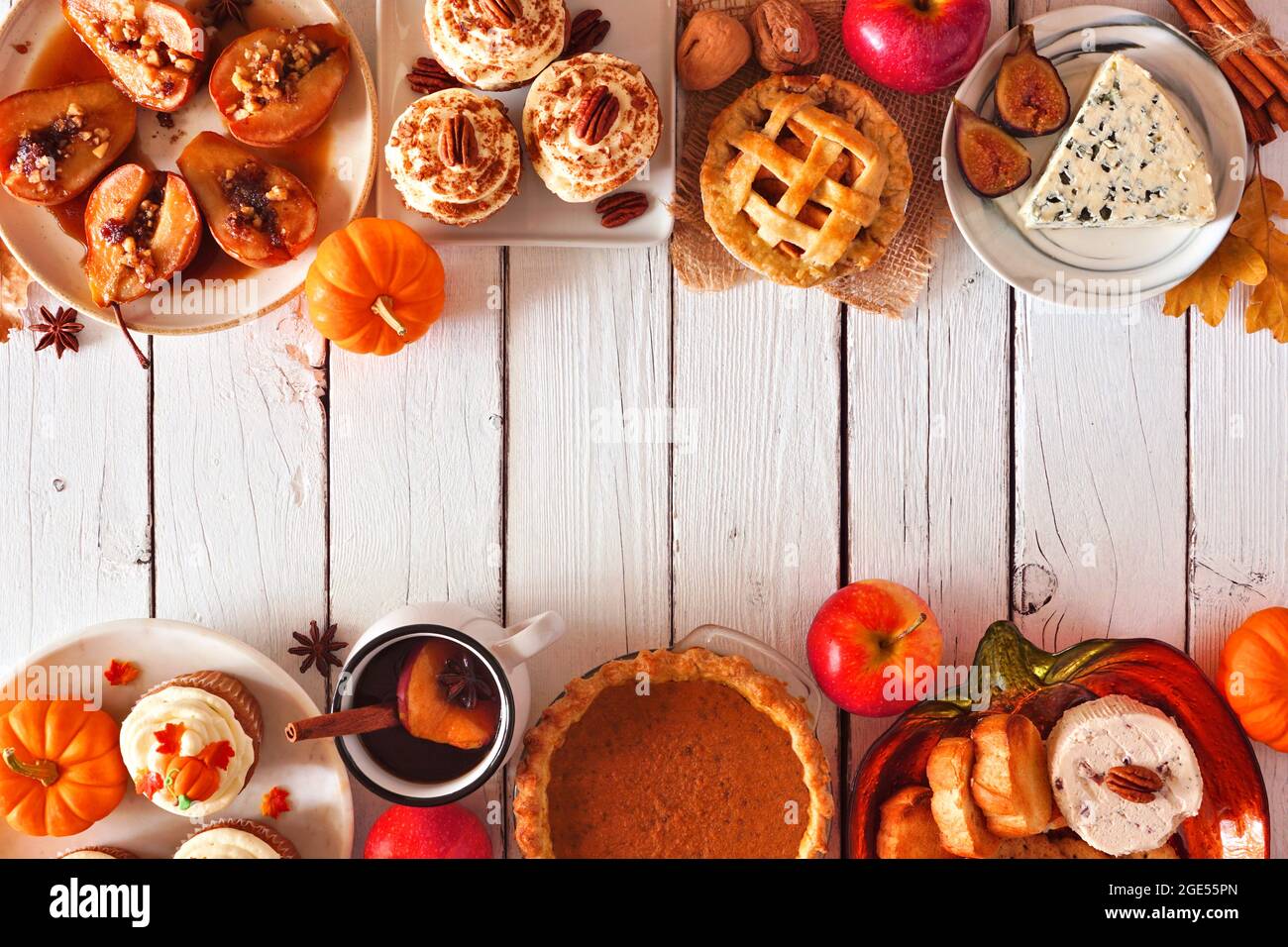 Autumn food double border. Table scene with a selection of pies ...