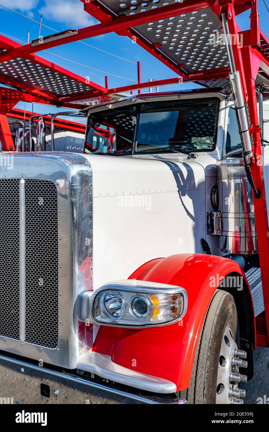 Shiny red and white classic powerful industrial big rig car hauler semi ...