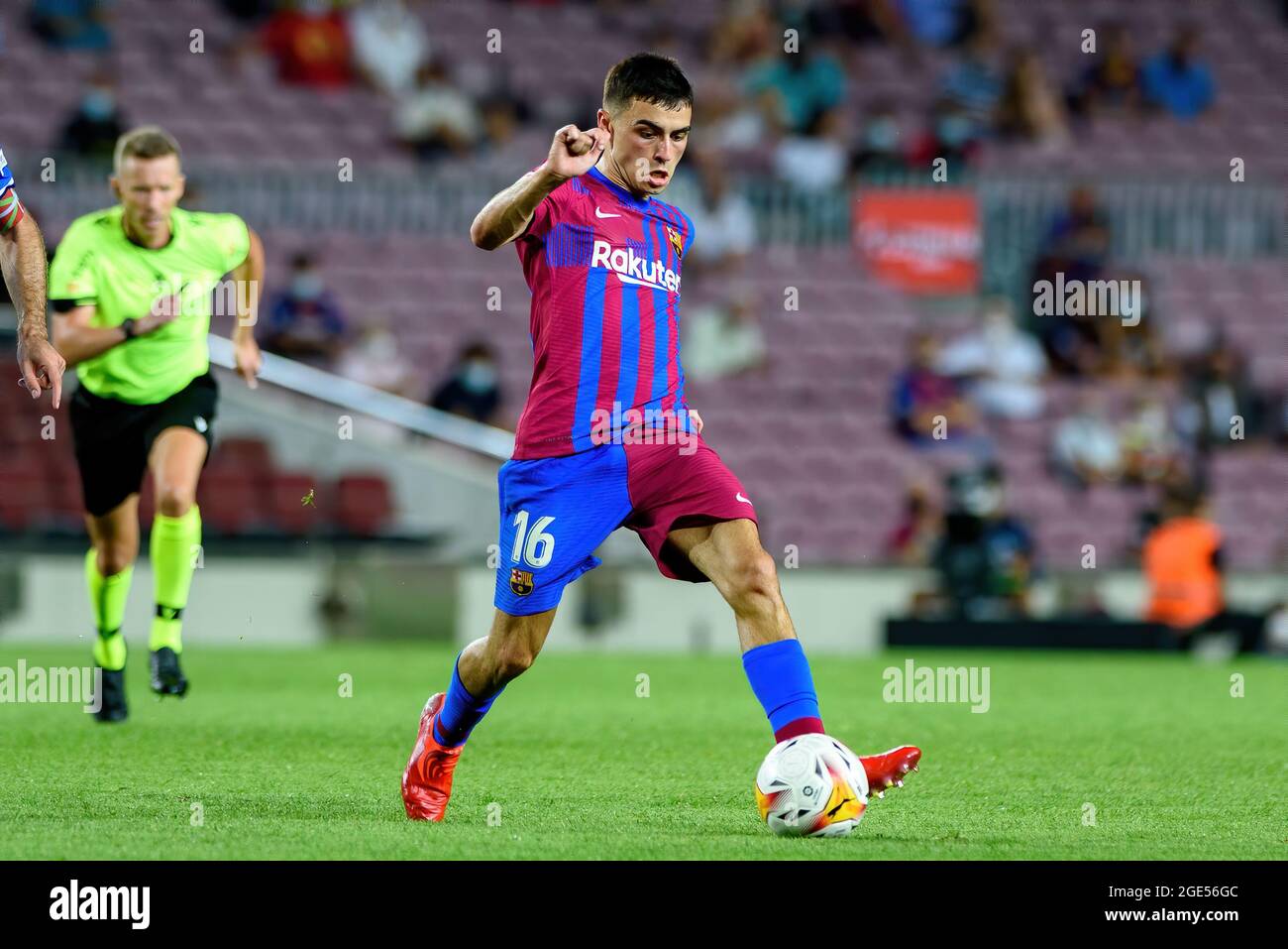 BARCELONA - AUG 15: Pedro Gonzalez, Pedri, plays at the La Liga match between FC Barcelona and ...