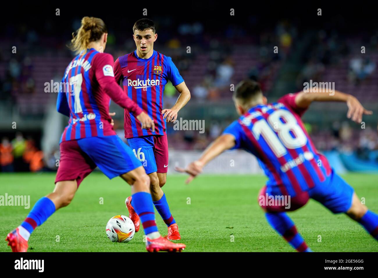 BARCELONA - AUG 15: Pedro Gonzalez, Pedri, plays at the La Liga match between FC Barcelona and ...