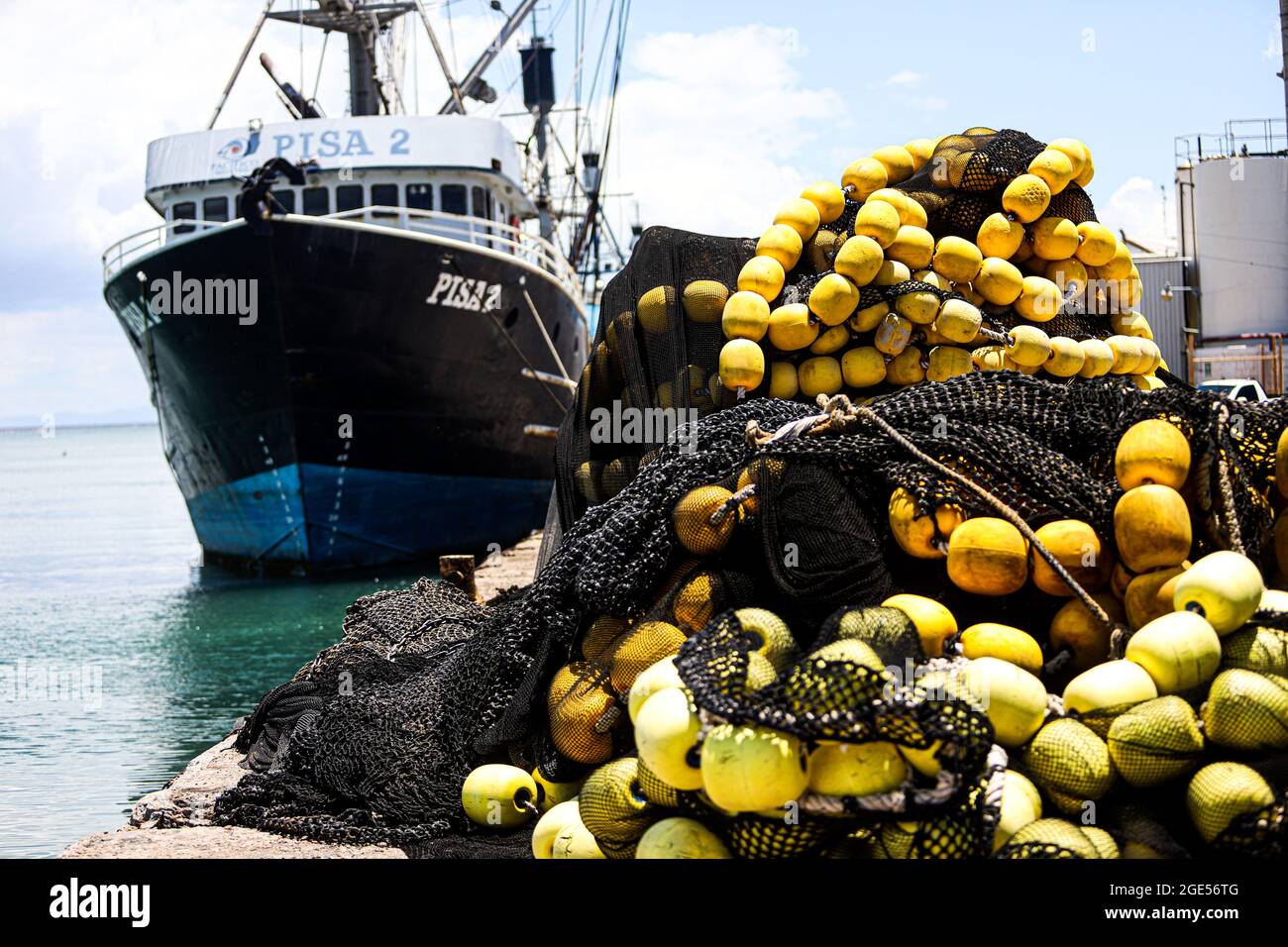 Black fishing net with yellow float for fishing boat or sardine called ...