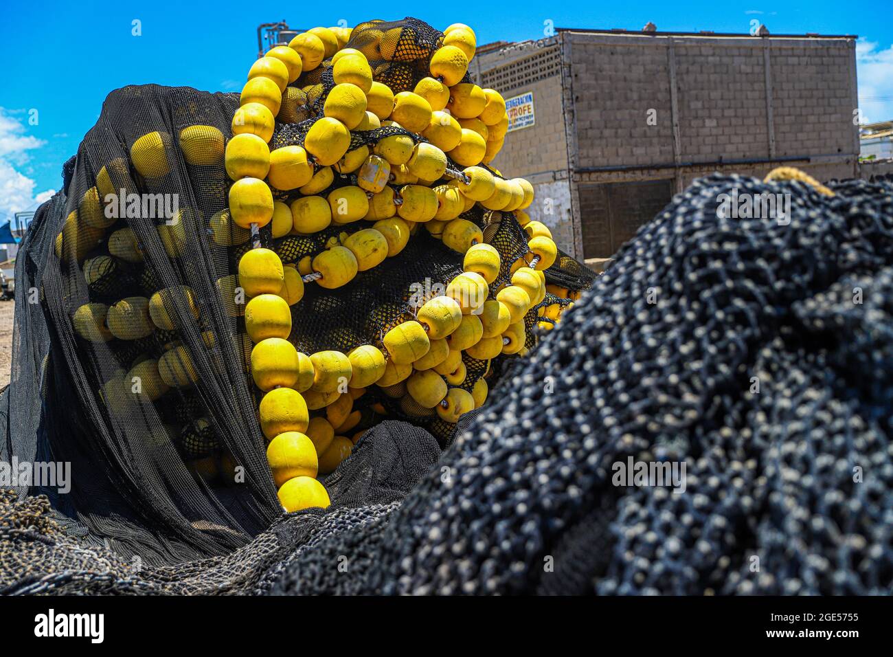 Black fishing net with yellow float for fishing boat or sardine called ...