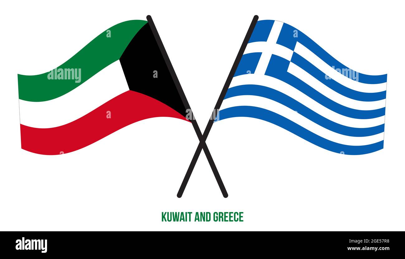 Kuwait and Greece Flags Crossed And Waving Flat Style. Official ...