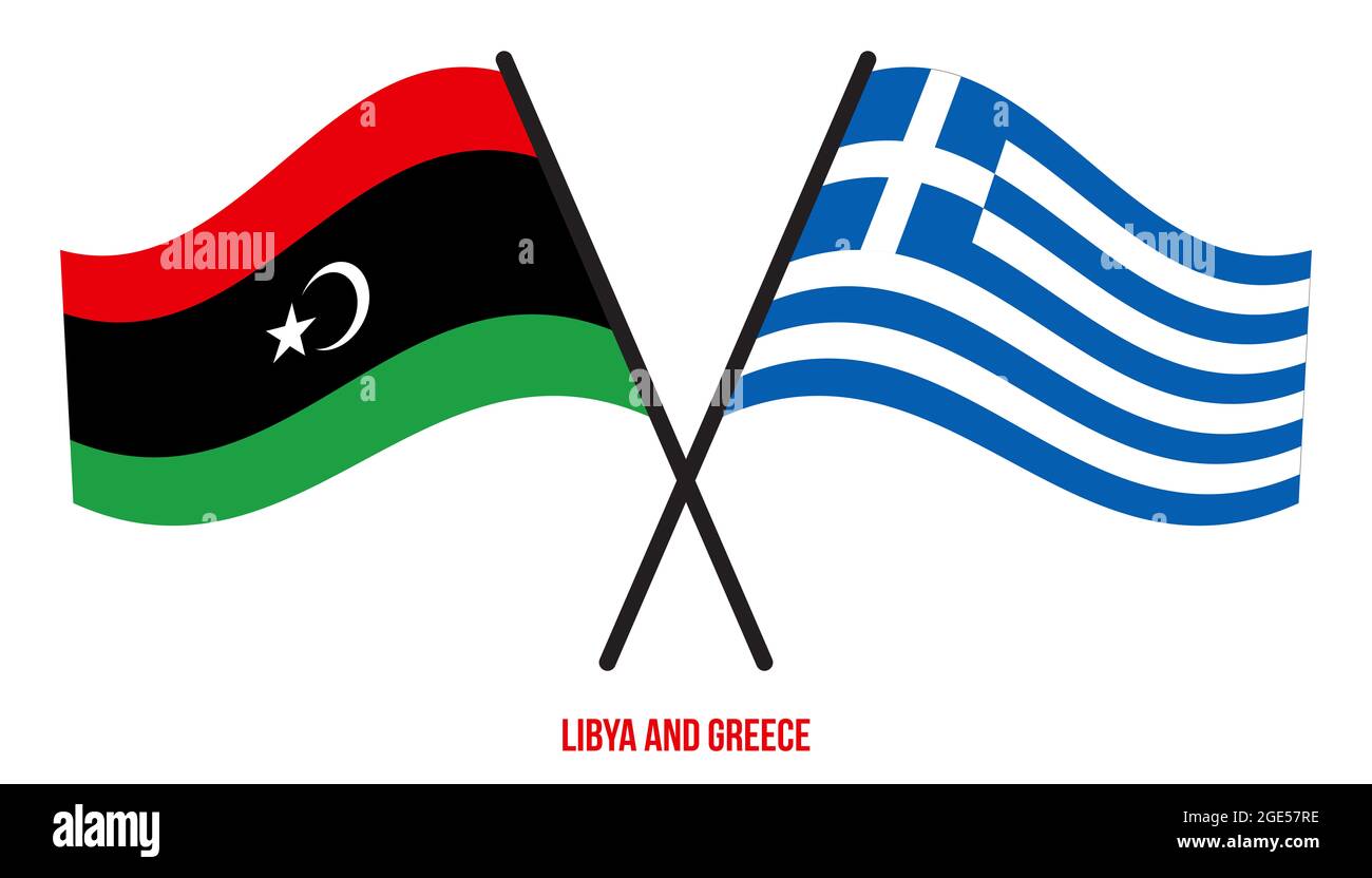 Libya and Greece Flags Crossed And Waving Flat Style. Official ...