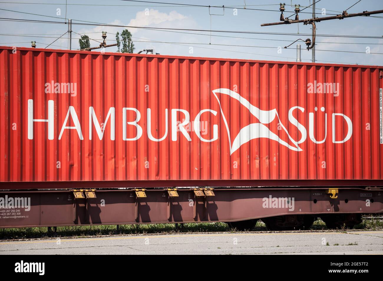 Picture of a sign with the logo of Hamburg Sud on a container being ...