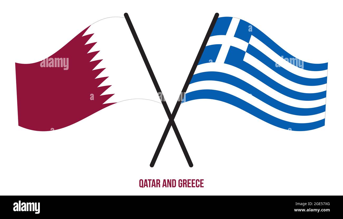 Qatar and Greece Flags Crossed And Waving Flat Style. Official ...