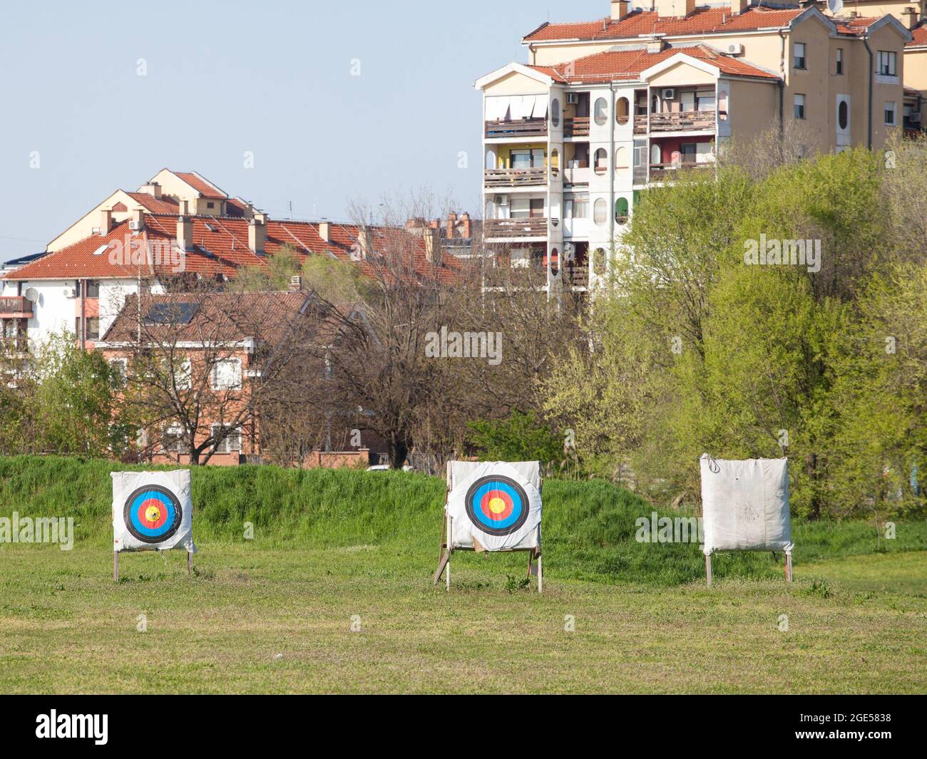 Photo of a bullseye target outdoors, in an archery field. The bullseye ...
