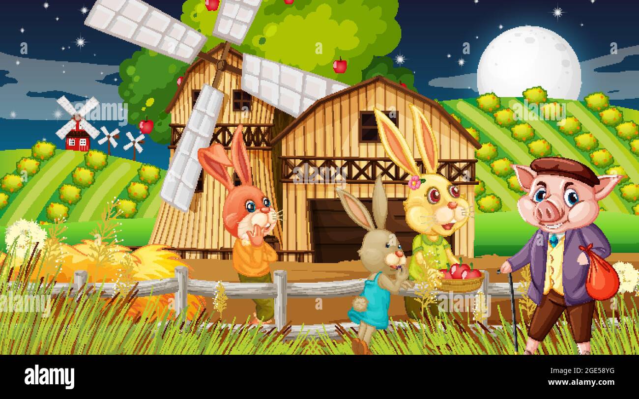 Farm at night scene with rabbit family and a pig cartoon character ...