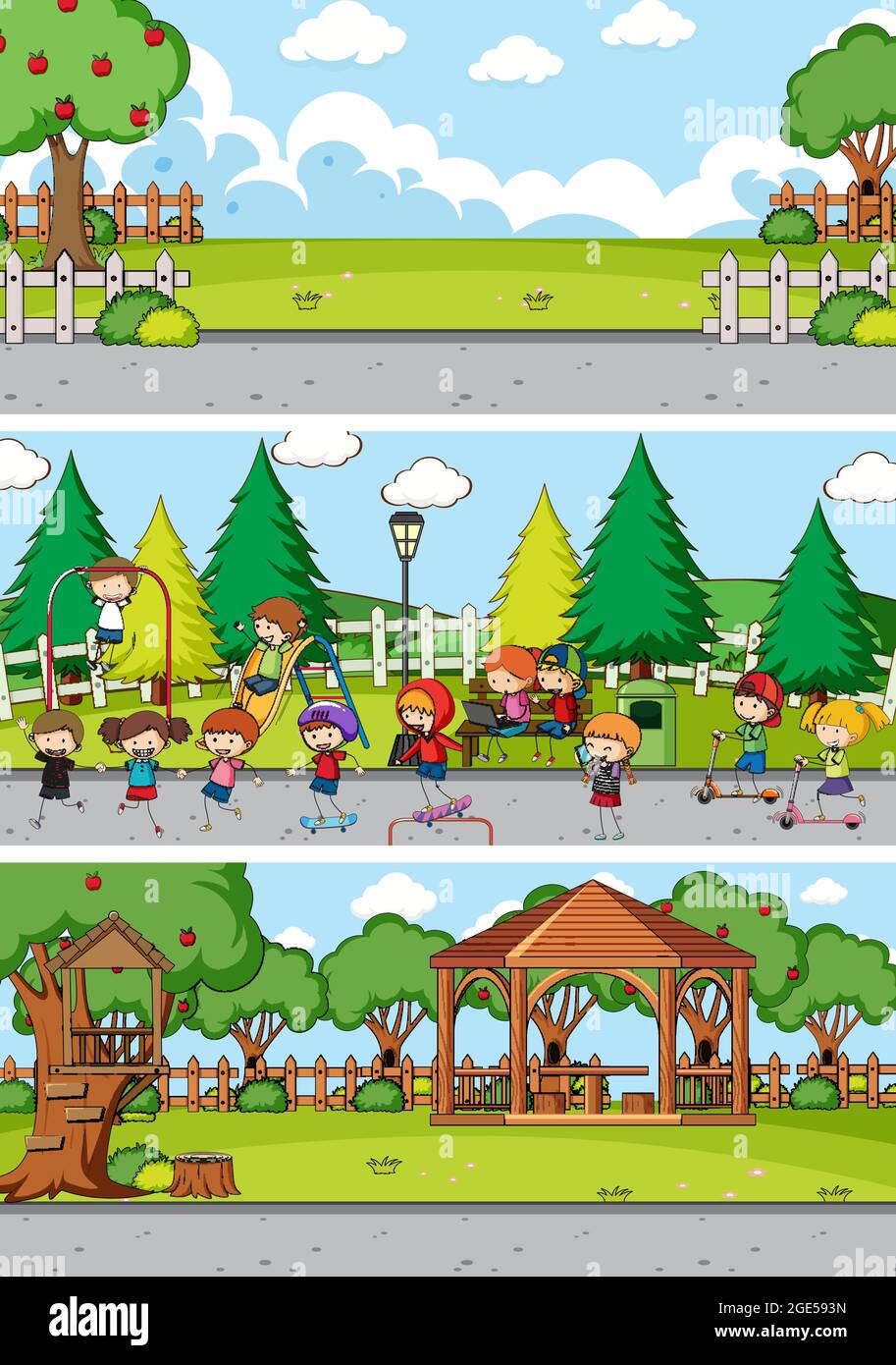 Set of different horizon scenes background with doodle kids cartoon ...
