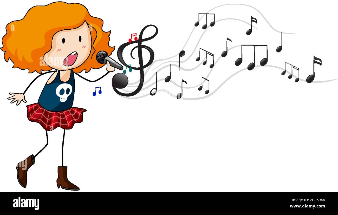 Doodle cartoon character of a singer girl singing with musical melody ...