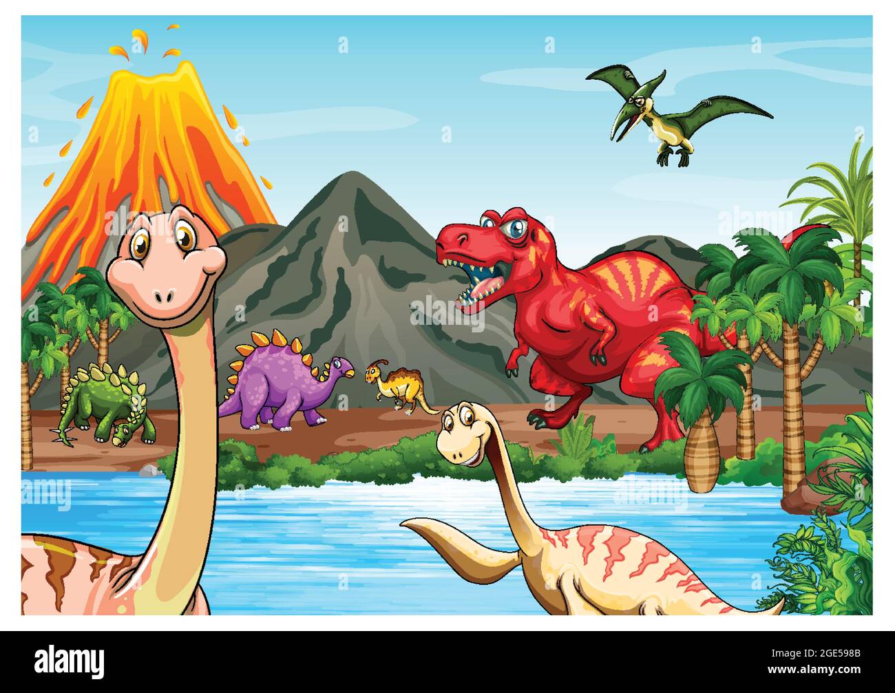 Prehistoric landscape scene with various dinosaurs illustration Stock ...