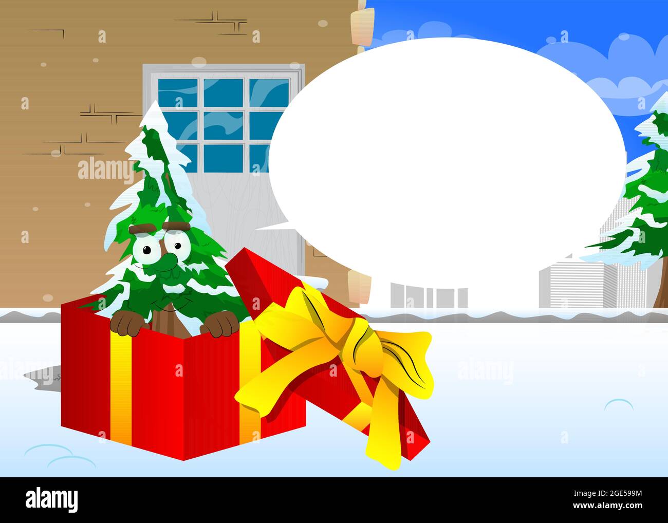 Cartoon winter pine trees with faces in a gift box. Cute forest trees ...