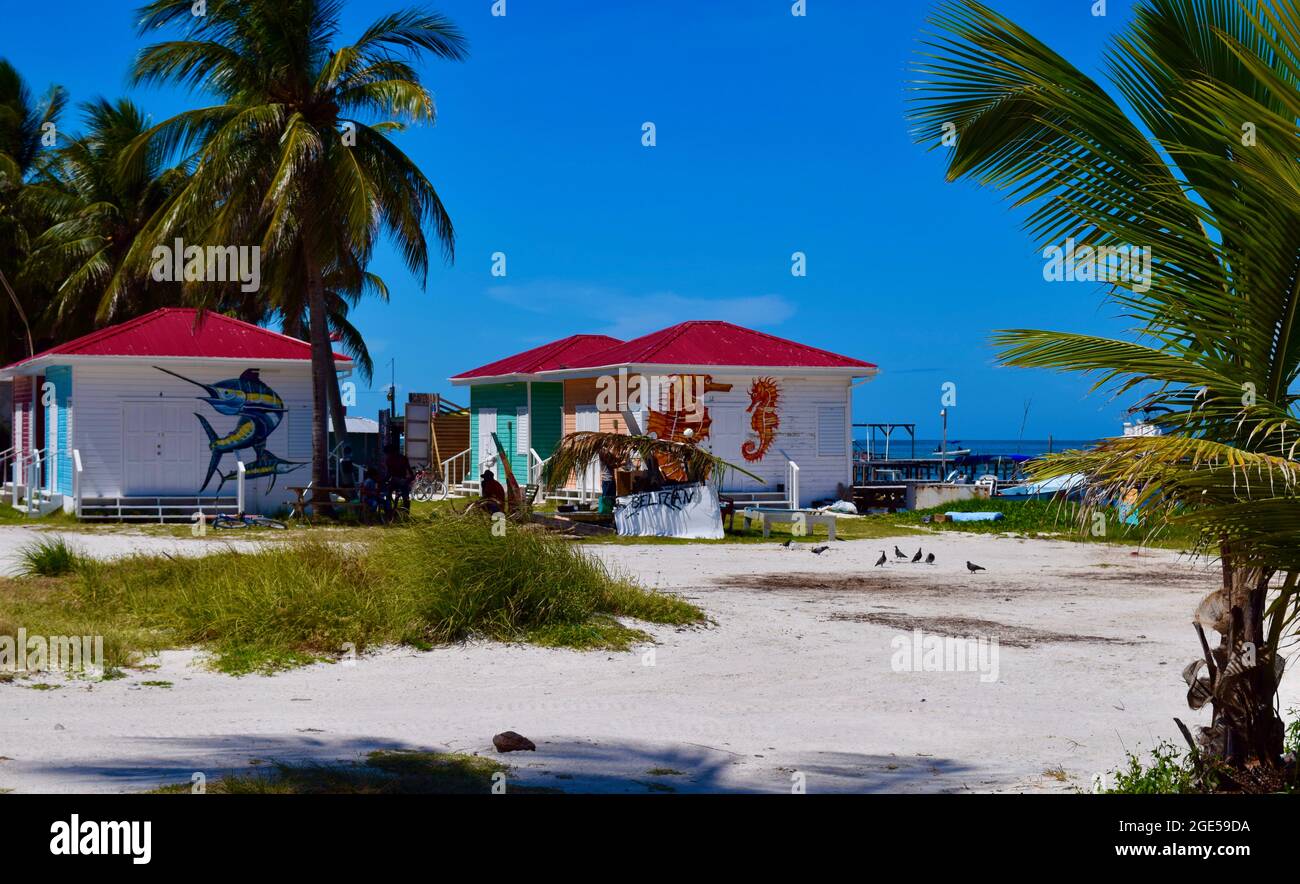 Colorful buildings for vendors on the beach in Caye Caulker, Belize ...