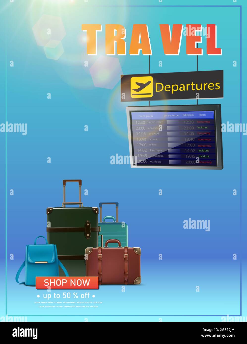 travel banner. Vector vacation flyer with flight schedule and luggage ...