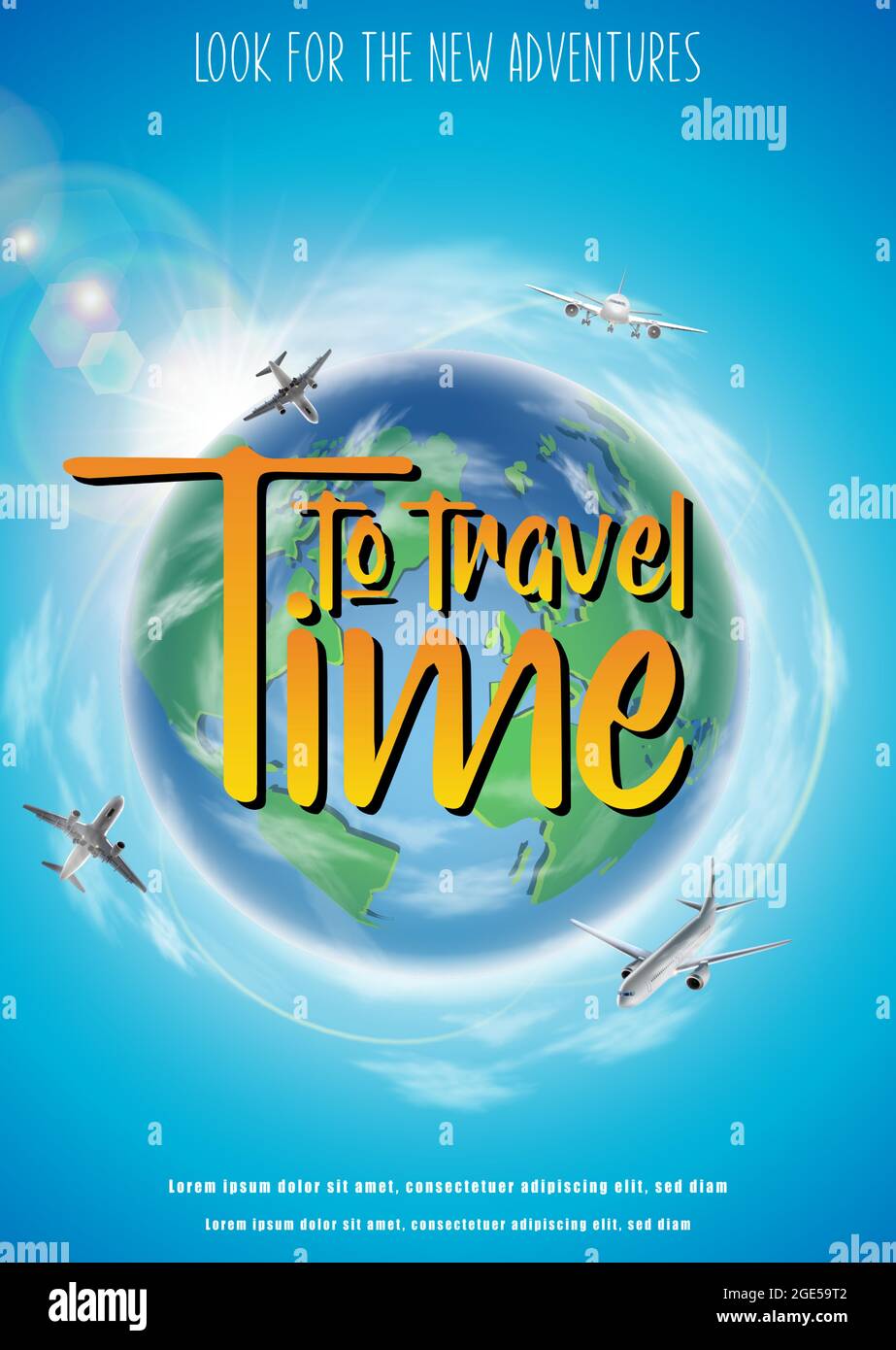 Time to travel banner with green globe and flying planes around Stock ...