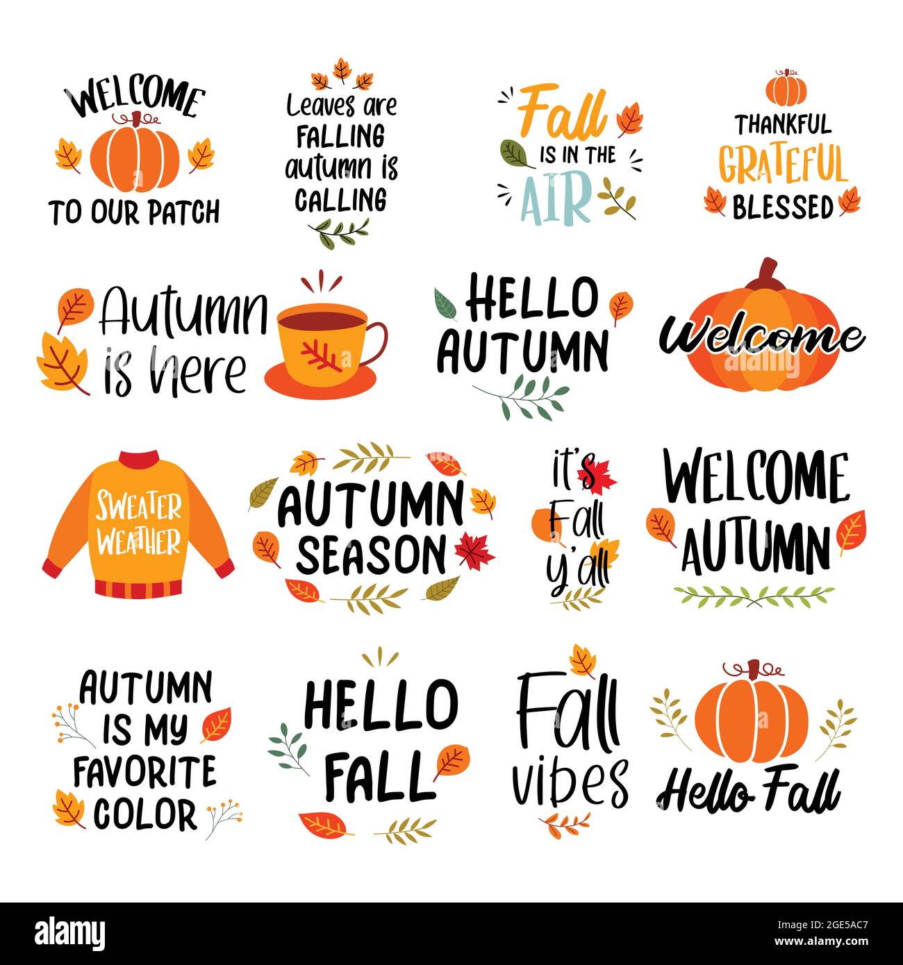 Autumn hand drawn lettering set. Autumn phrases with slogan stickers ...