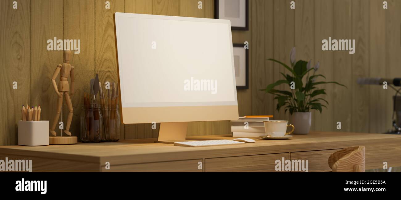 Home workspace in modern rustic wood interior, computer blank screen ...