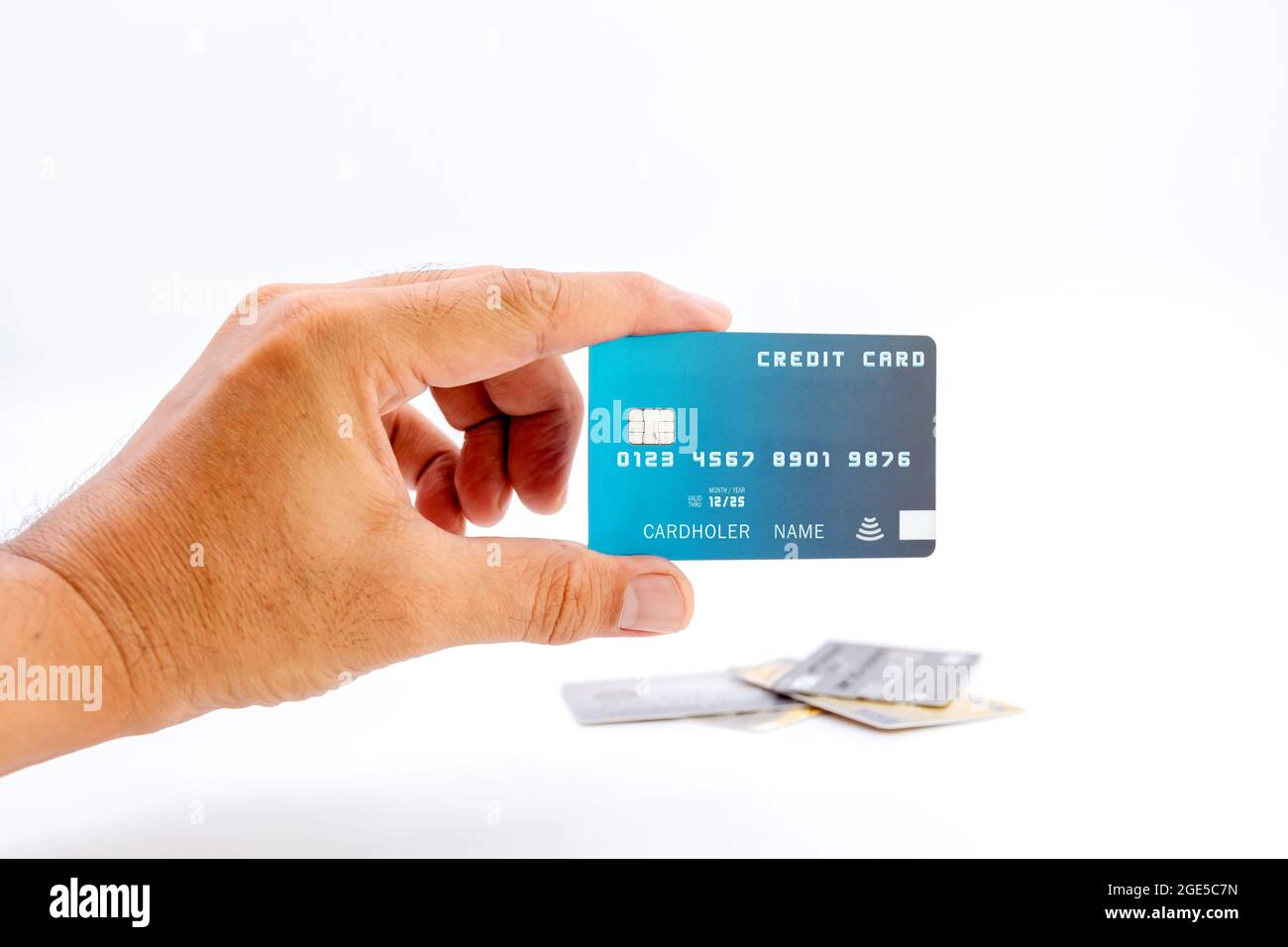 Human hand holding bank credit cards on white background Stock Photo ...