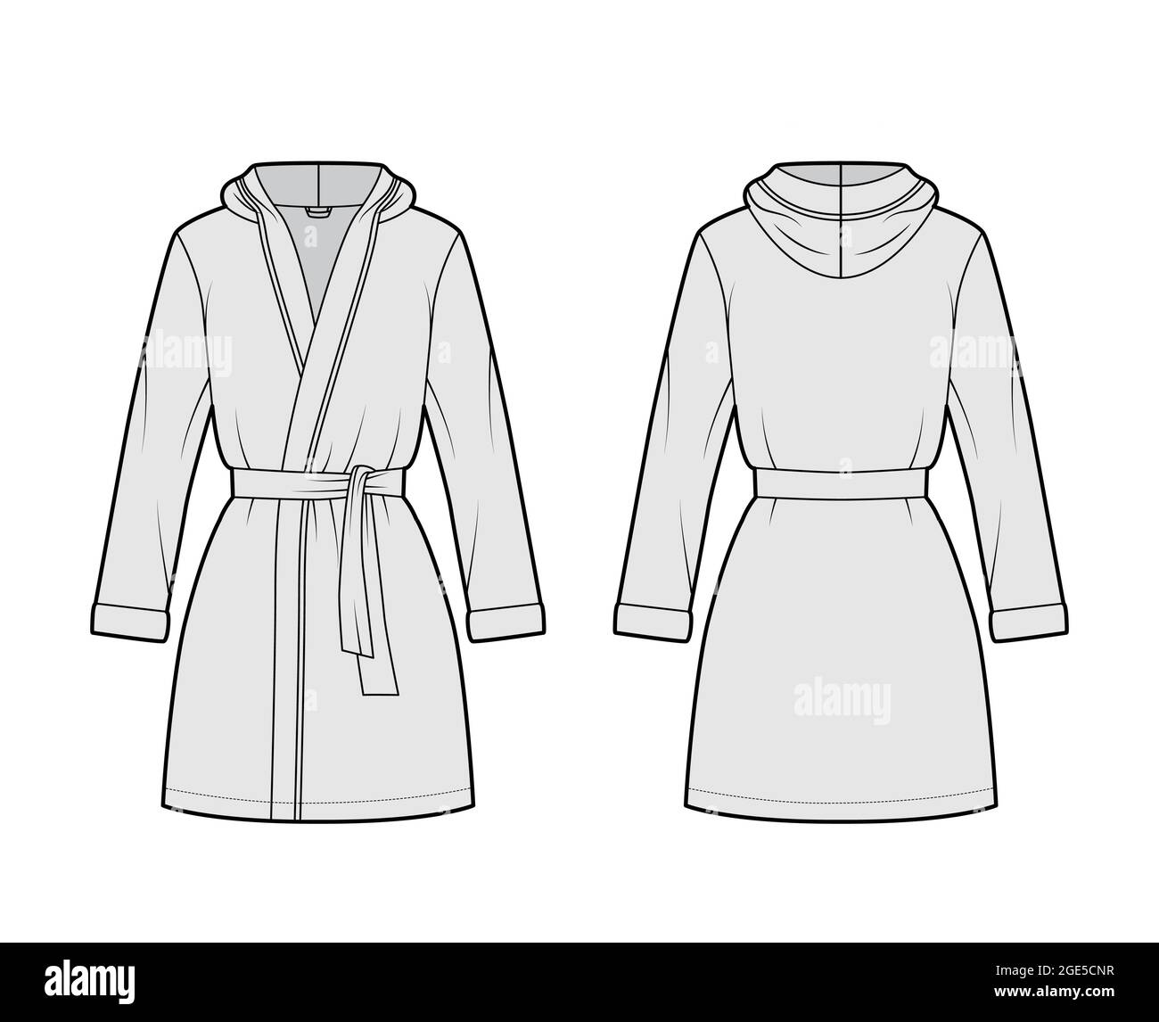 Hooded Bathrobe Dressing gown technical fashion illustration with wrap ...