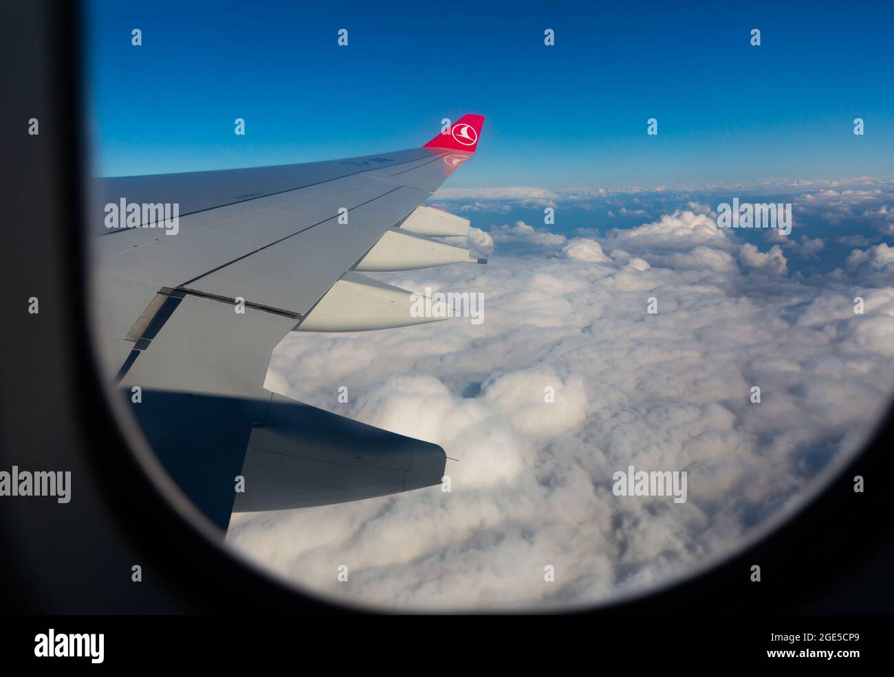 TURKEY - JANUARY 15, 2021: the view is wing of a Turkish airline plane ...