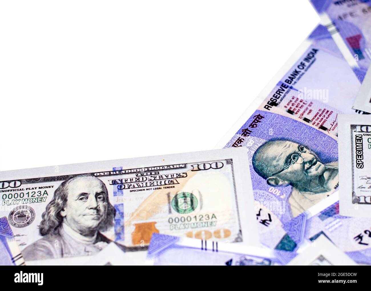 Close-up Exchange US dollar and Indian rupees on isolated white ...