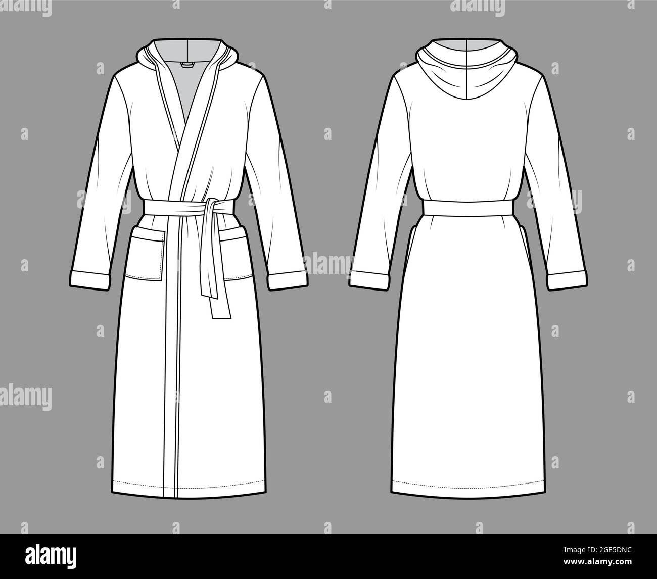 Bathrobes hooded Dressing gown technical fashion illustration with wrap ...