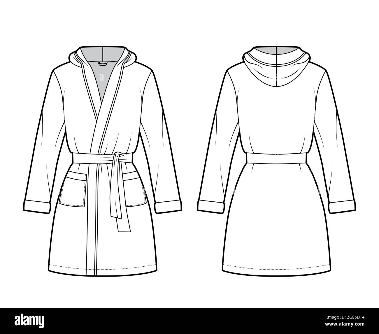 Hooded Bathrobe Dressing gown technical fashion illustration with wrap ...