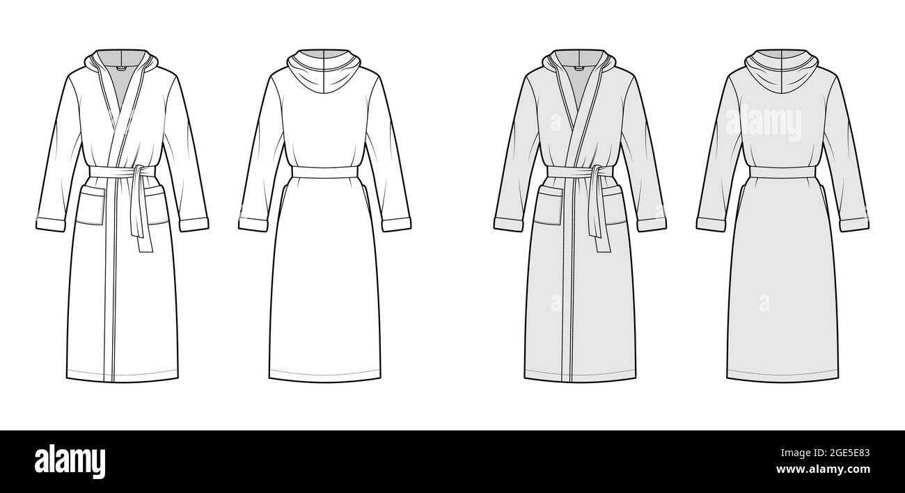 Bathrobes hooded Dressing gown technical fashion illustration with knee ...