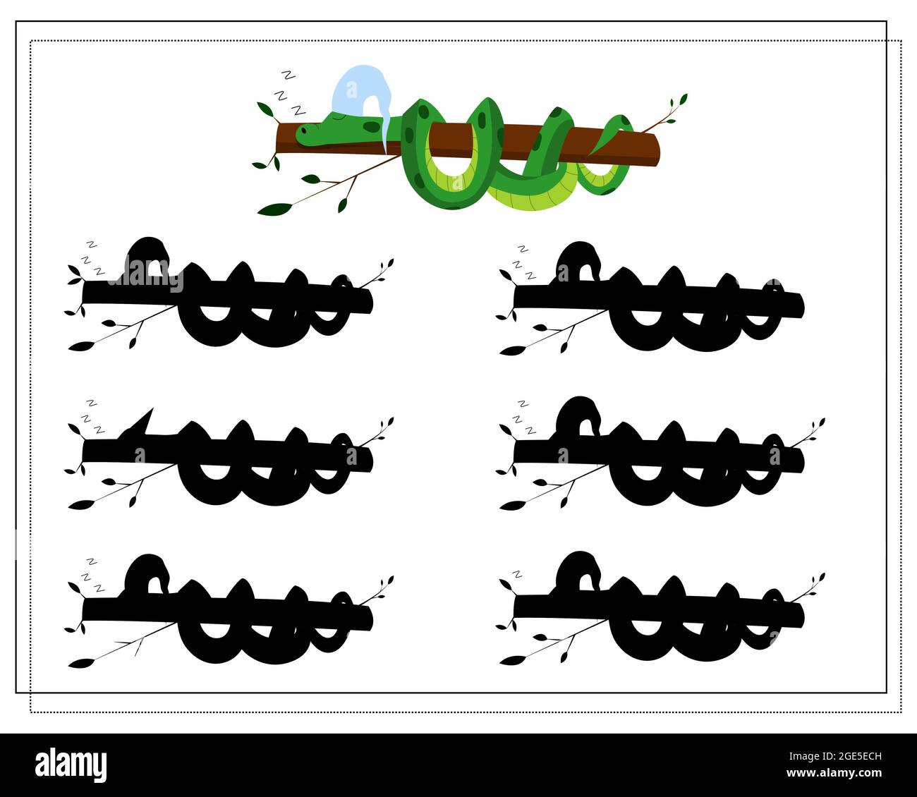 A logical game for children, find the right shadow. cute cartoon snake ...