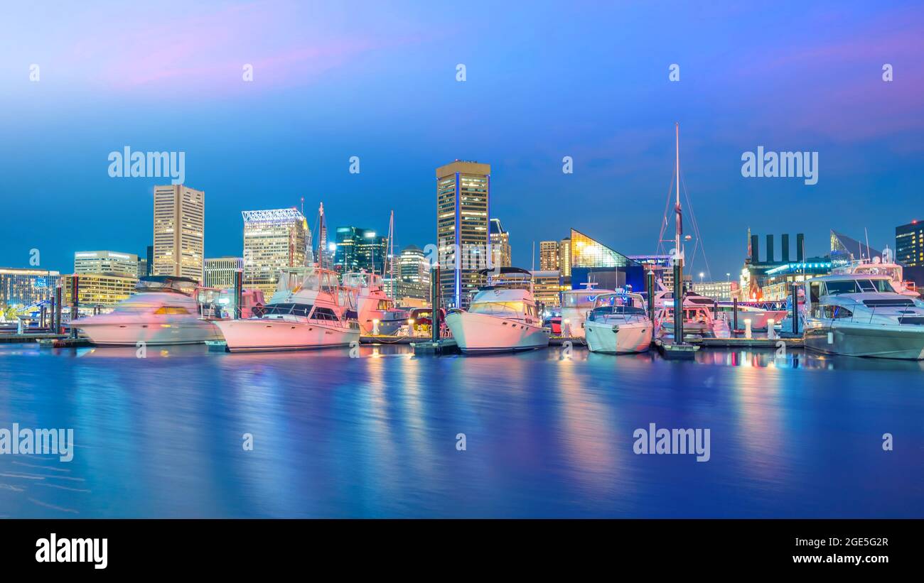 View of Inner Harbor area in downtown Baltimore Maryland USA at sunset ...