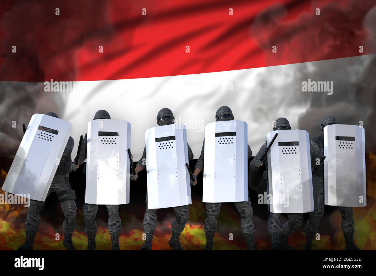 Yemen protest fighting concept, police guards in heavy smoke and fire ...