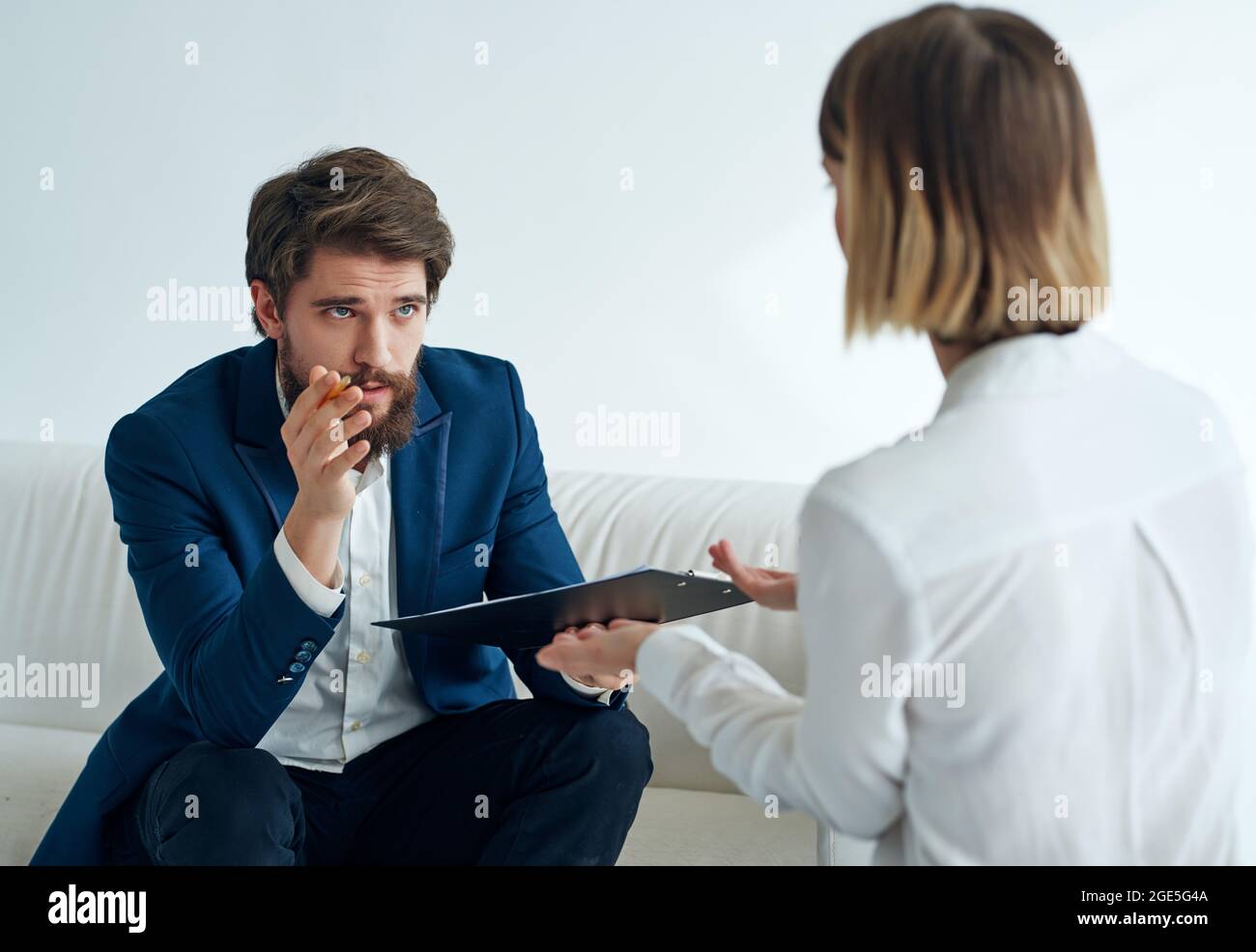 male psychologist next to female patients depression communication ...