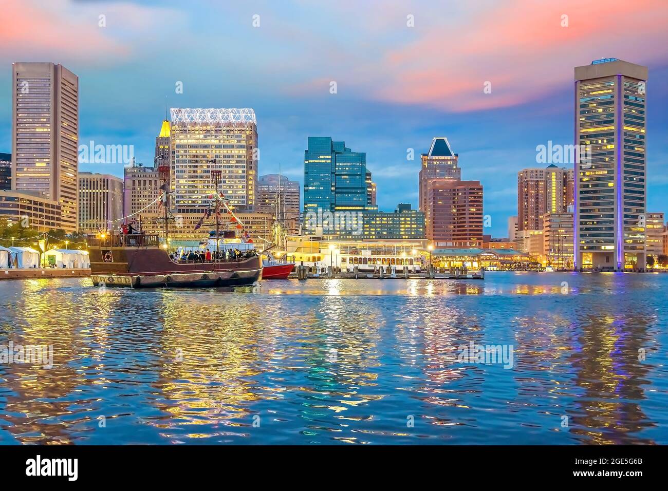 View of Inner Harbor area in downtown Baltimore Maryland USA at sunset ...