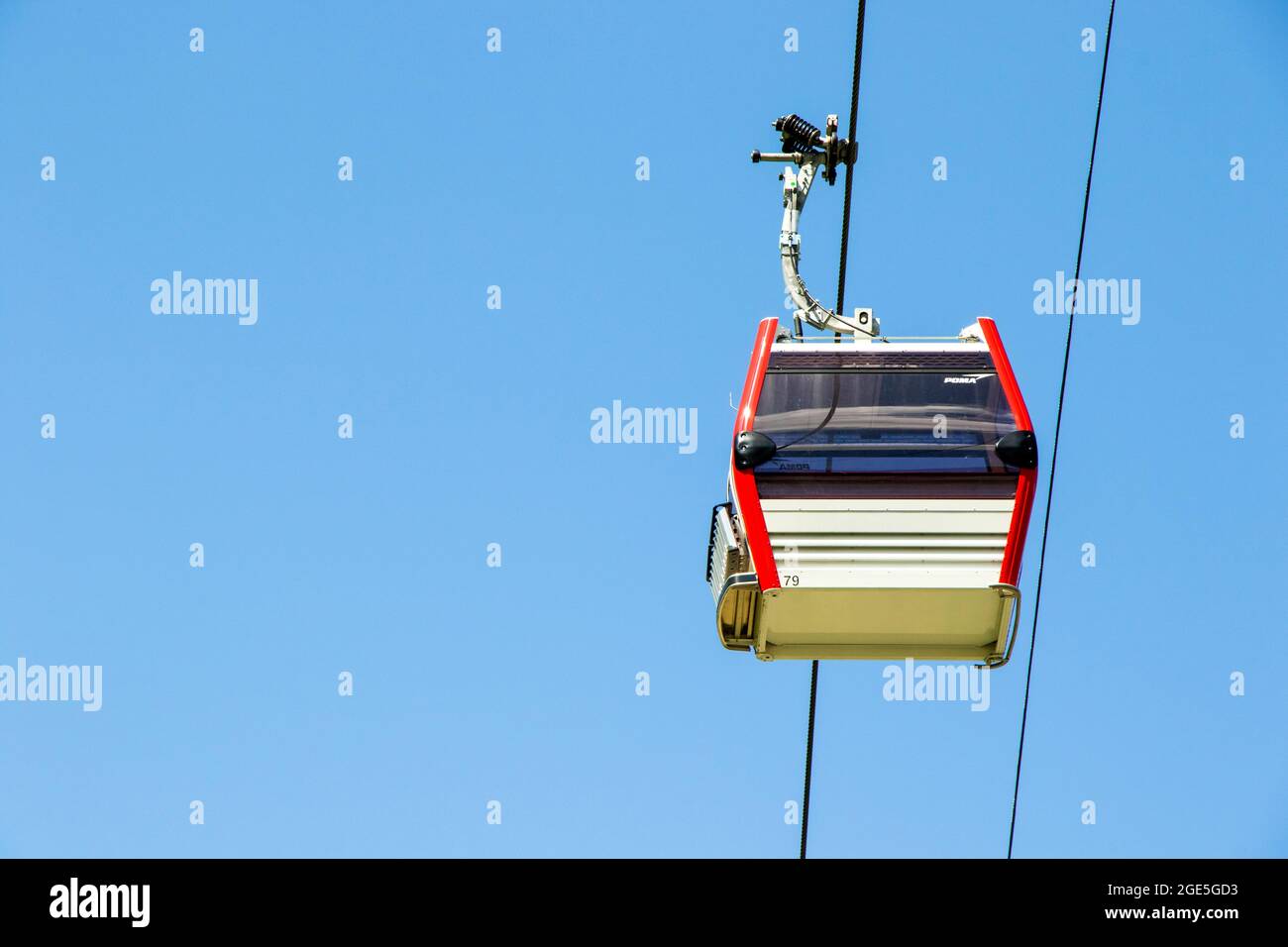 Air cabin and gondola lift transport on the sky background in Georgia ...