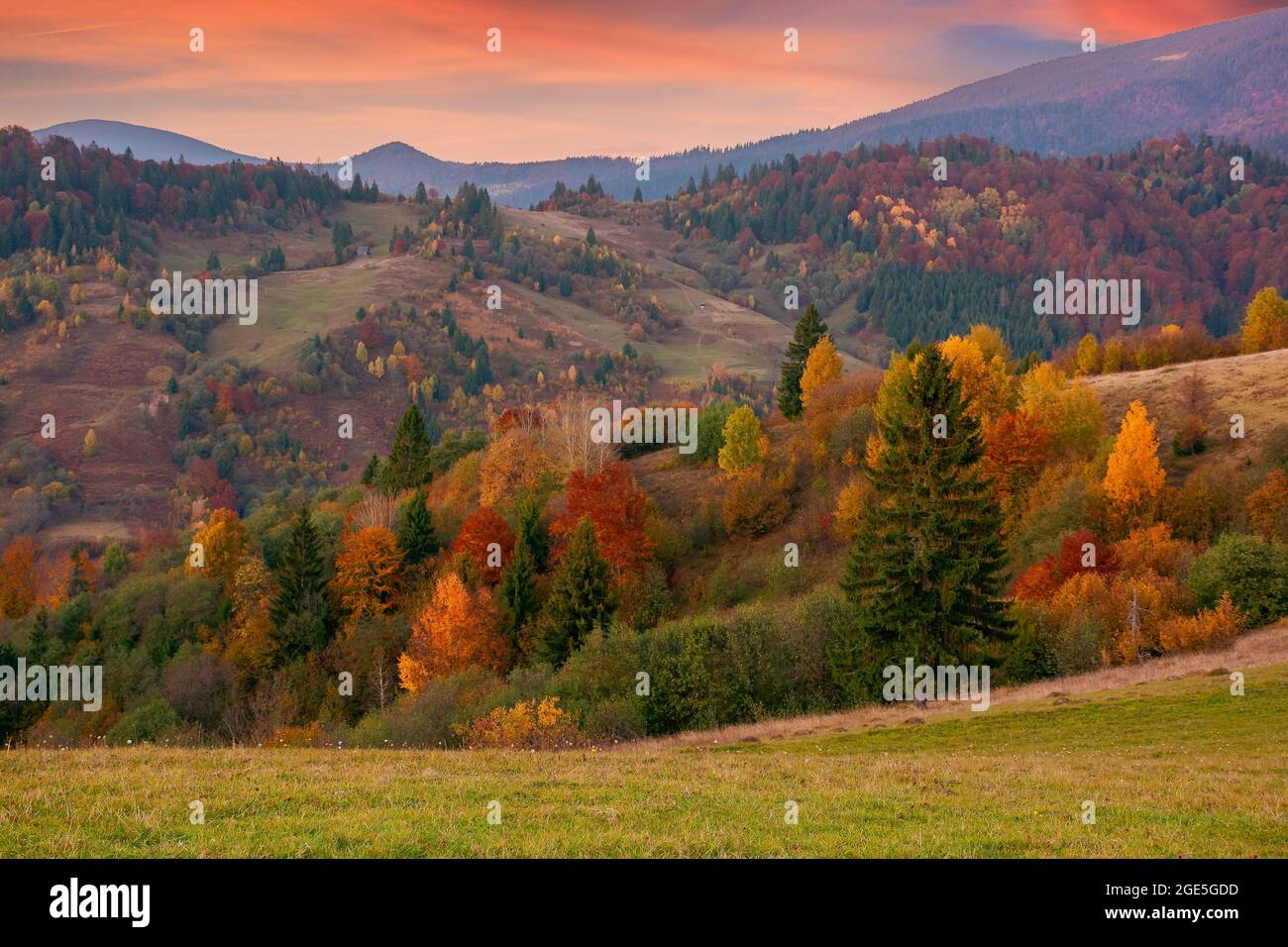 mountainous countryside at dusk. beautiful rural landscape with rolling ...
