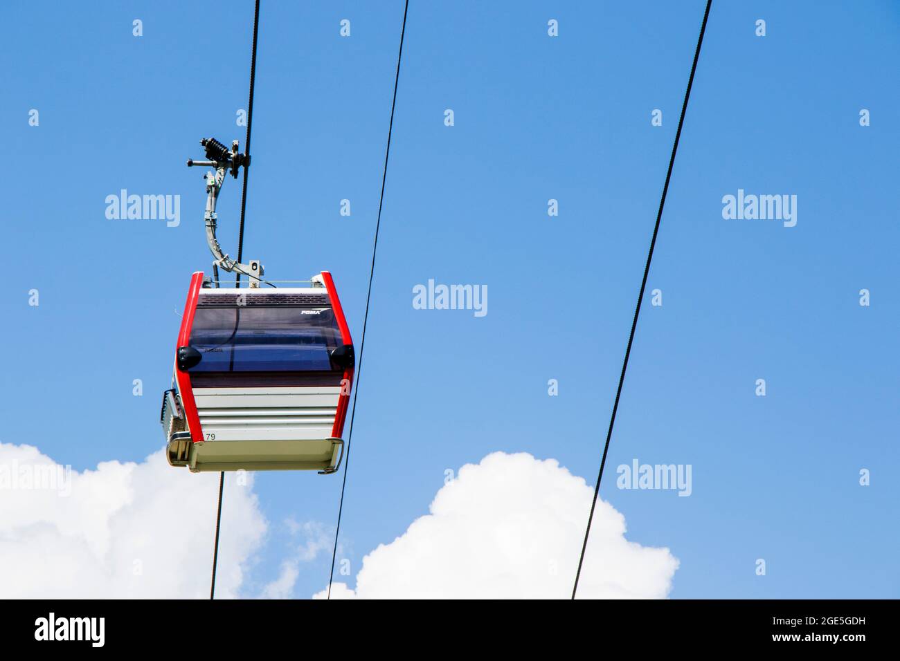 Air cabin and gondola lift transport on the sky background in Georgia ...