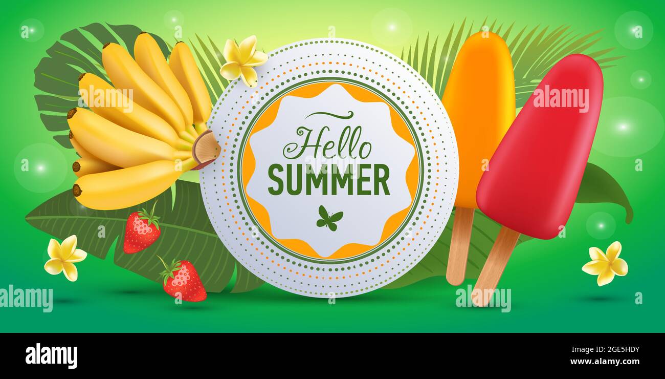 Hello summer banner template with popsicle ice cream, baby banana and ...