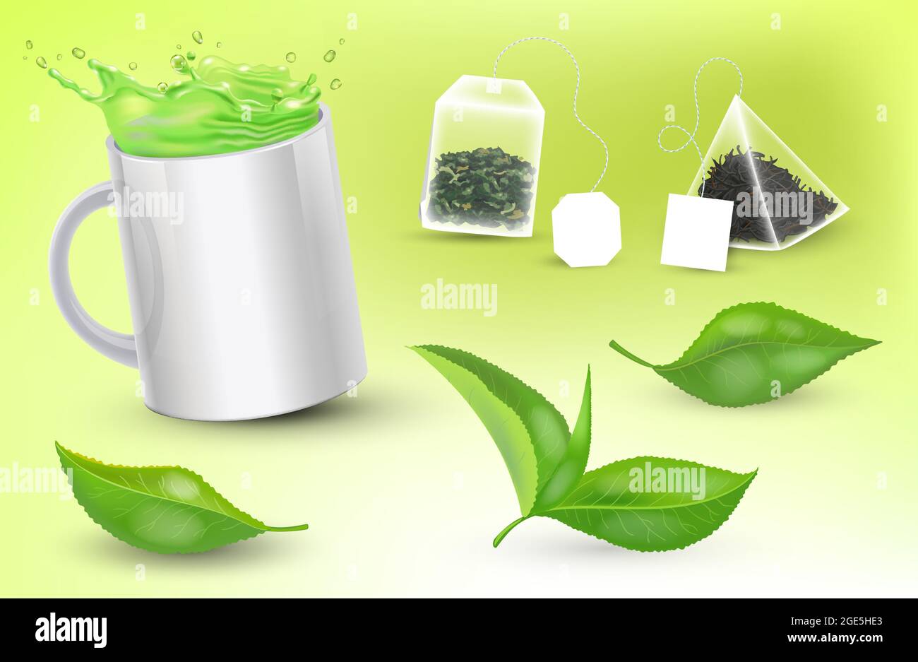 Realistic cup with green tea and tea bags and leaves. Design element ...