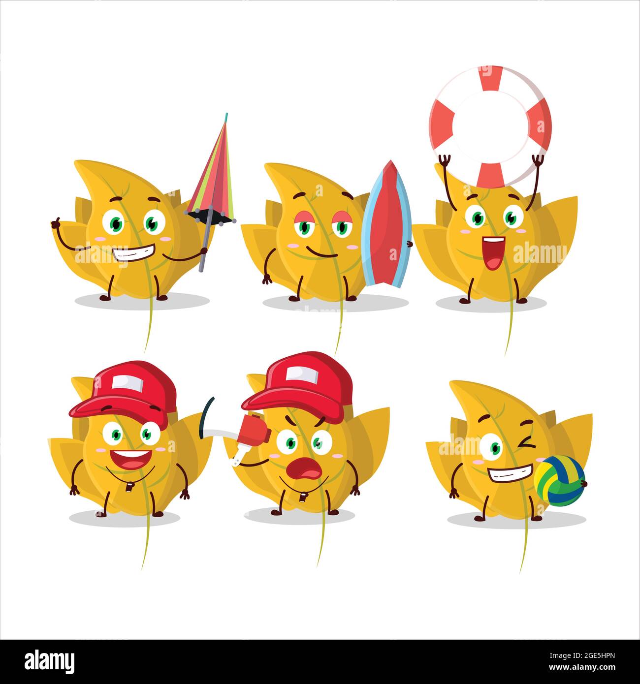 Happy Face conkers yellow leafz cartoon character playing on a beach ...