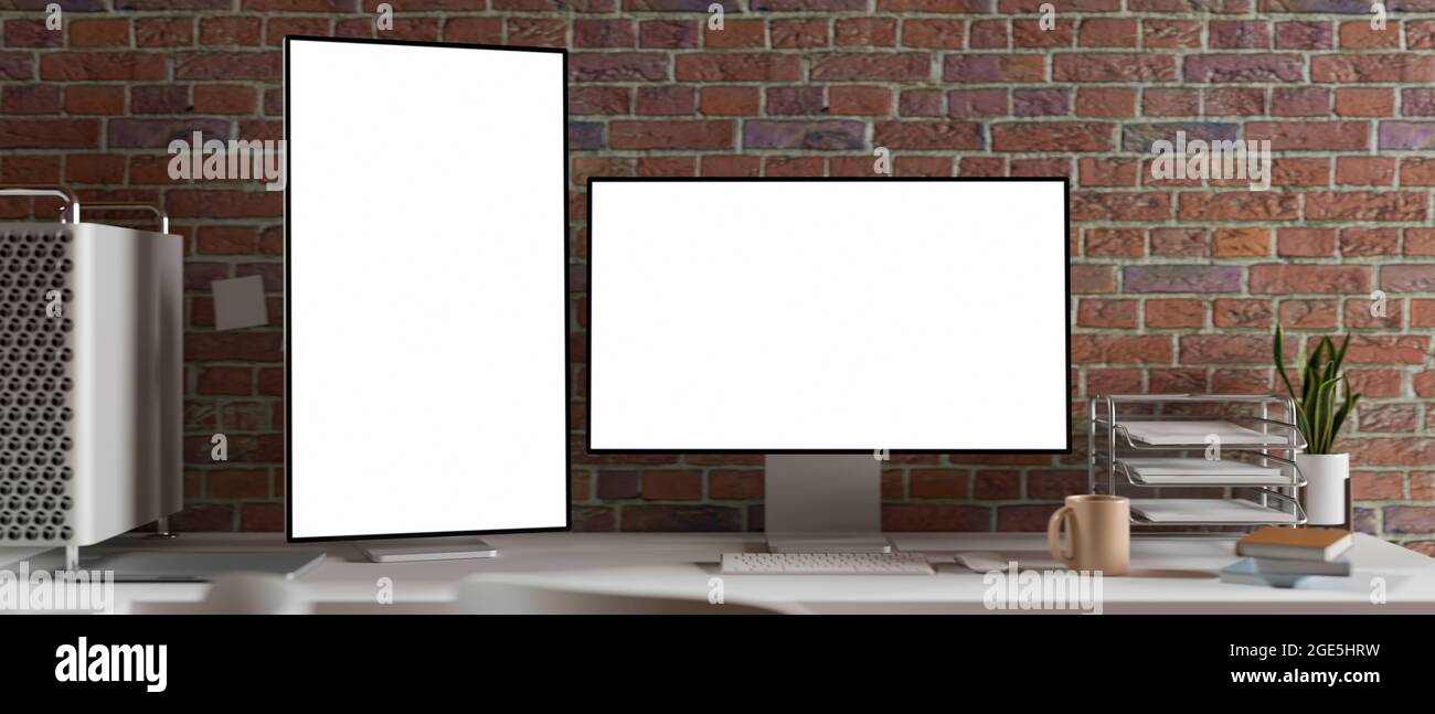 Modern contemporary workspace with two computer monitor blank screen ...