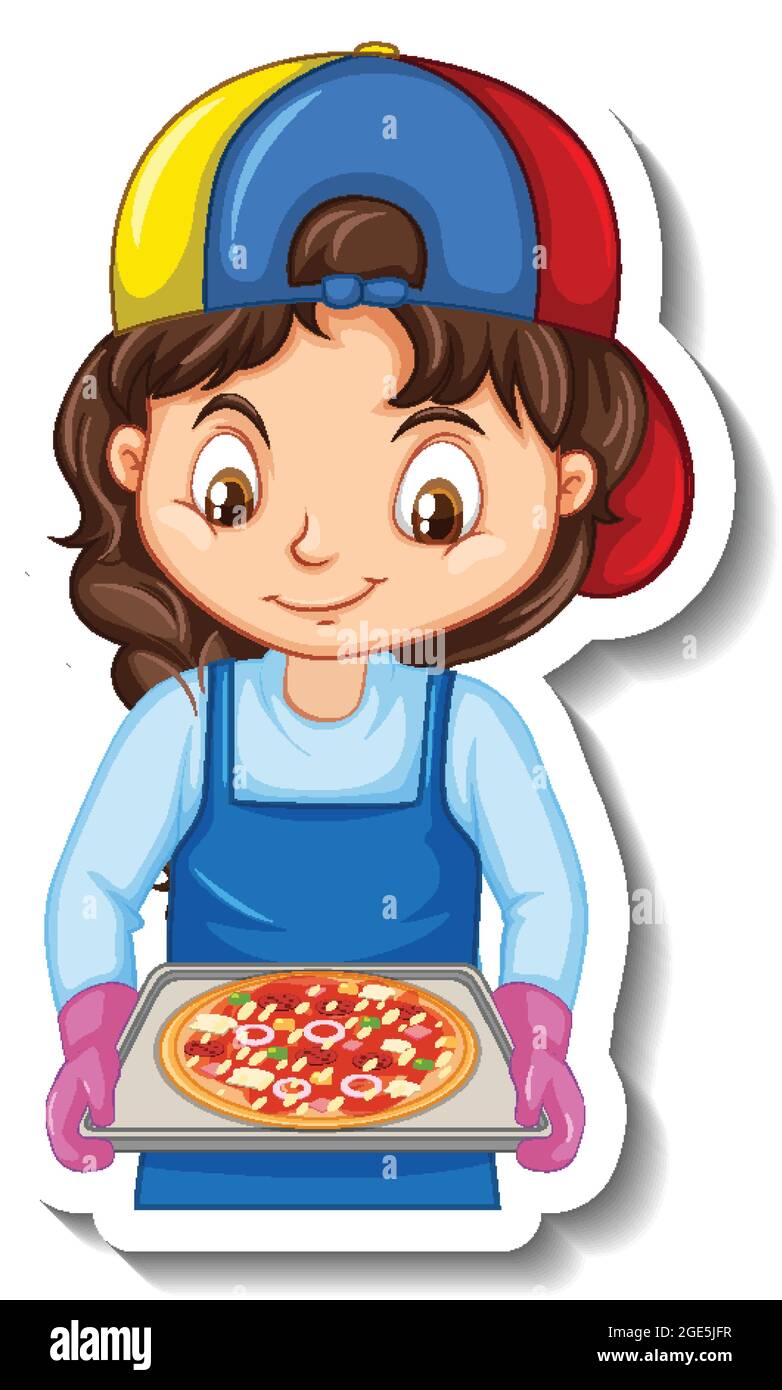 Cartoon character sticker with chef girl holding pizza tray ...