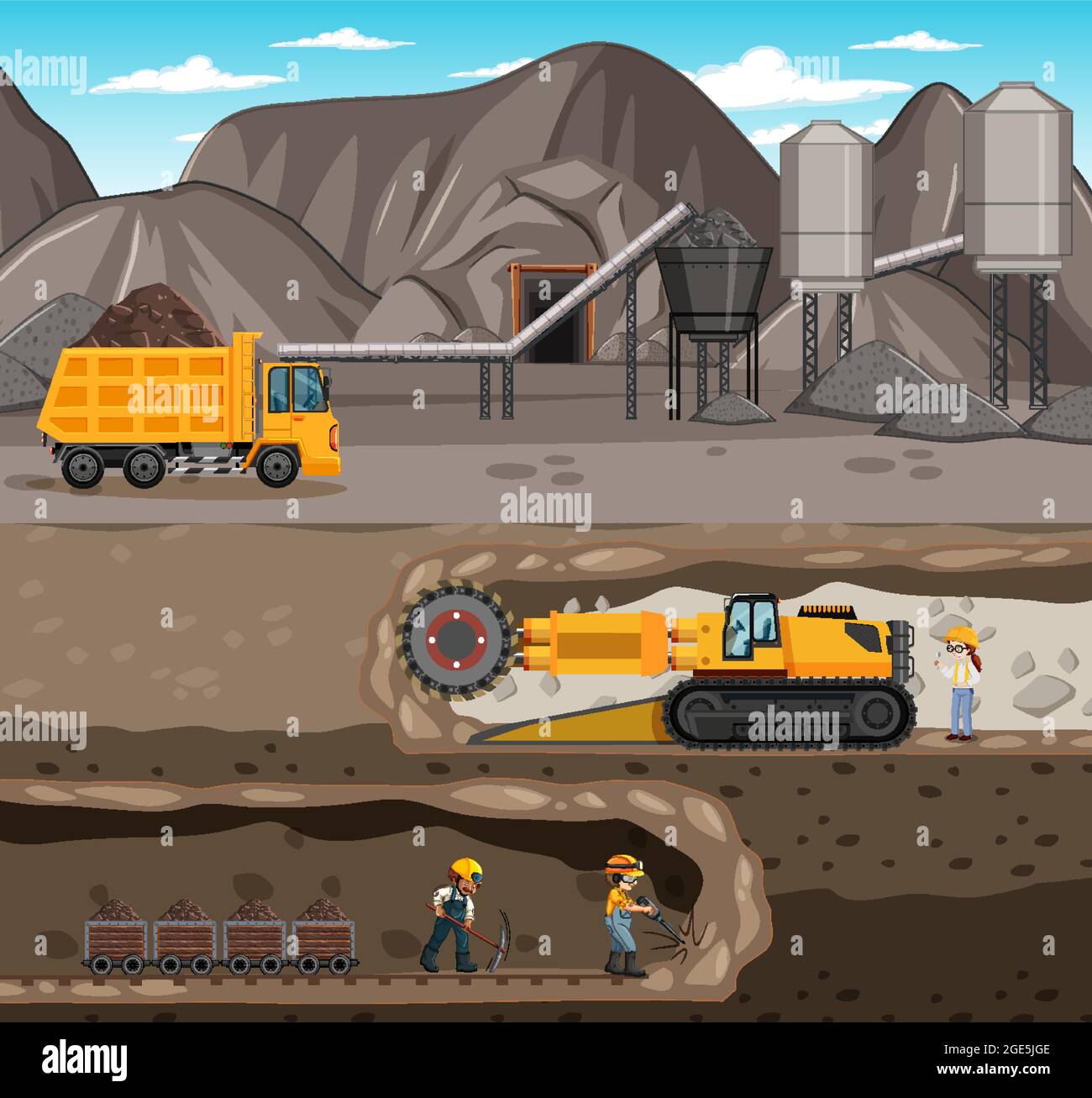 Landscape of coal mining with underground scene illustration Stock ...